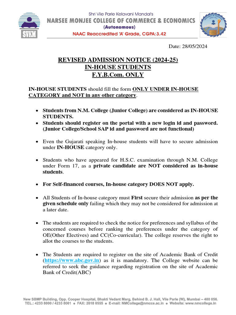 In-House ADMISSION NOTICE 24-25 Revised Notice | PDF | Finance & Money ...