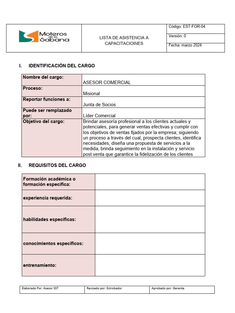 Descripción de Cargo y Funciones Asesor Comercial | PDF | Business