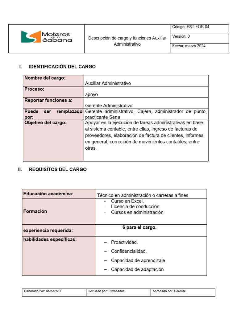 Descripción de cargo y funciones Auxiliar Administrativo | Descargar gratis PDF | Contabilidad ...