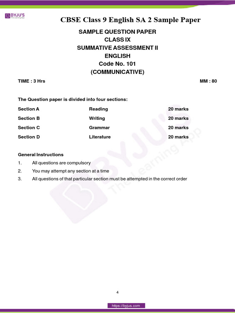 CBSE Class 9 English Sample Paper SA 2 Set 3 | PDF | Massage ...