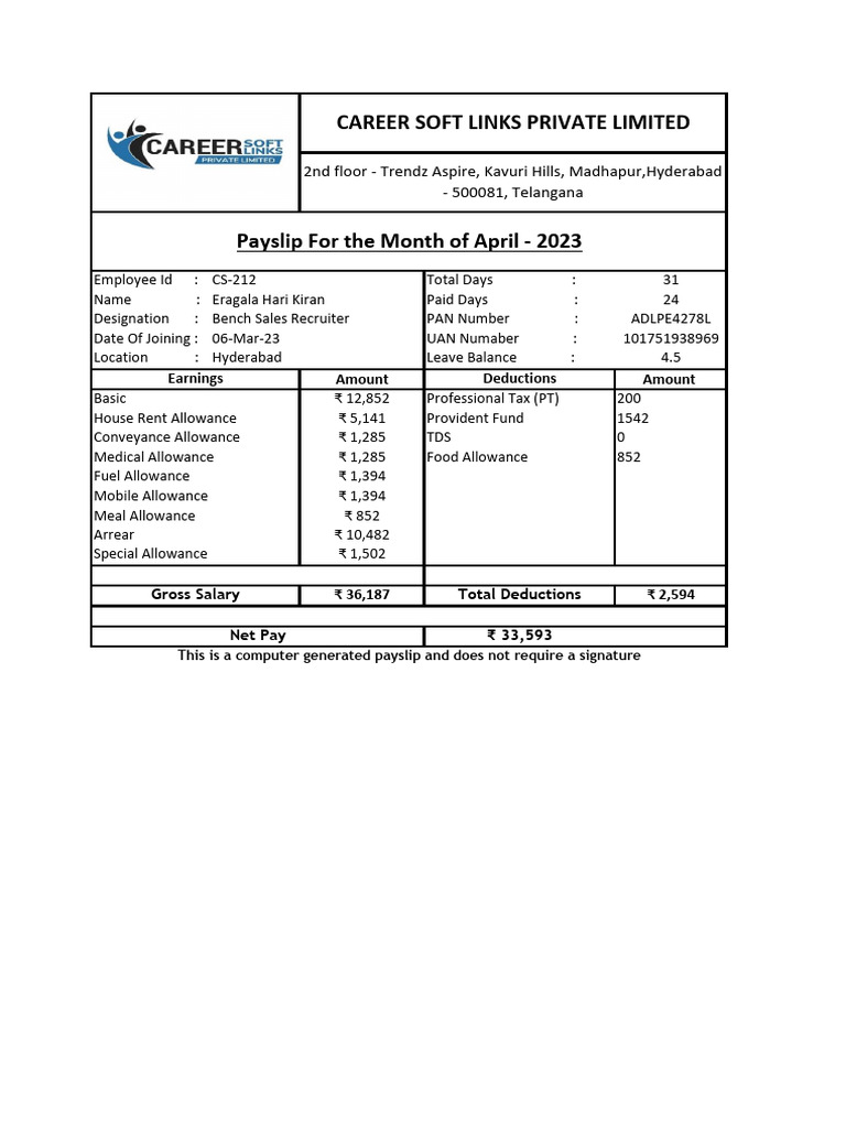 CS-212 Payslip | PDF