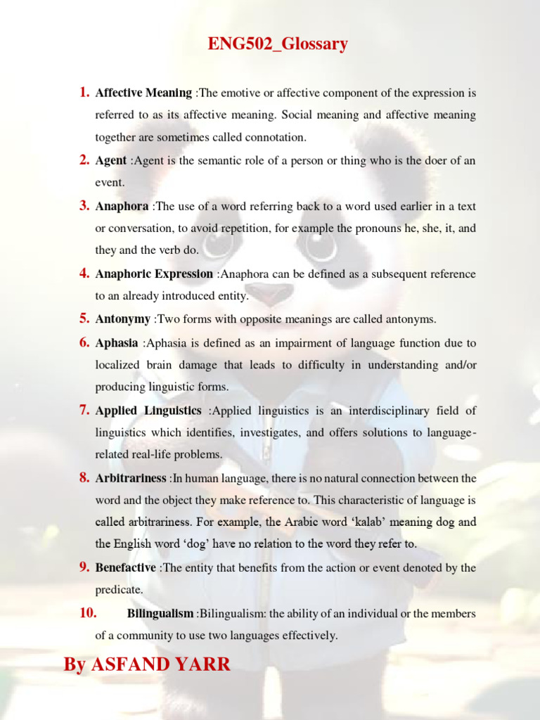 Eng502 Glossary by Asfand Yarr | PDF | Linguistics | Semantics
