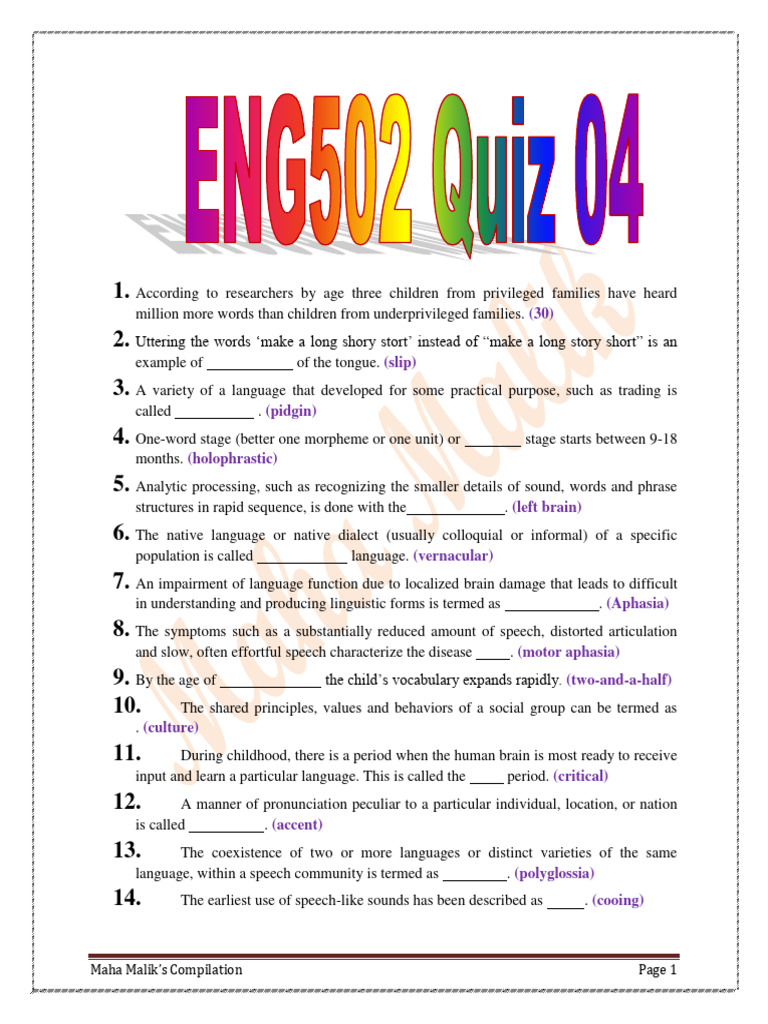 ENG502 - Quiz 04 - by Maha Malik | PDF | Speech | Linguistics