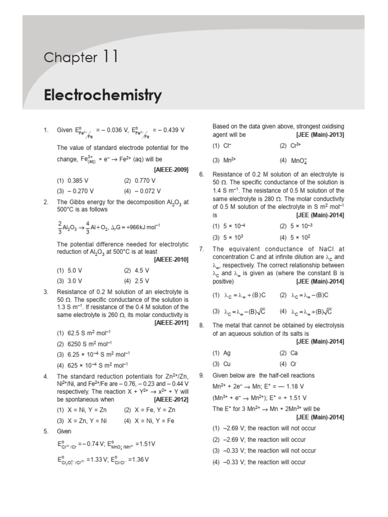 Electrochemistry JEE Mains PYQs | PDF | Electrochemistry | Materials