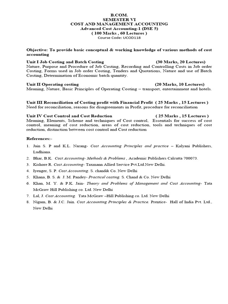 Advanced Cost Accounting I Sem VI | PDF