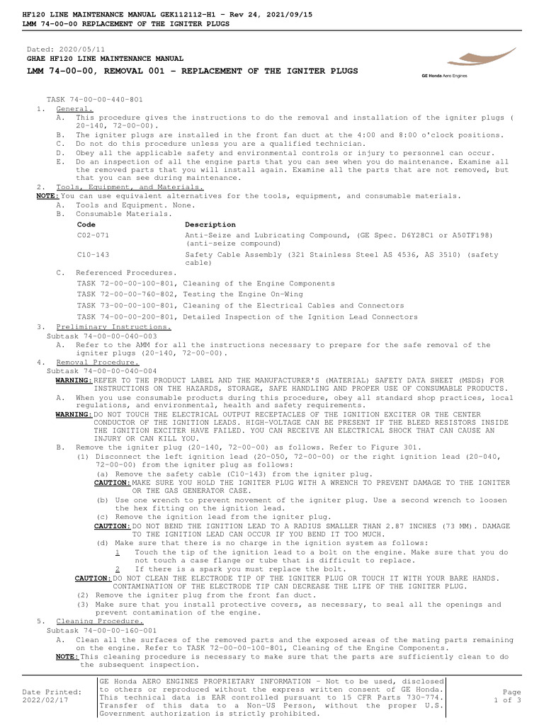 TASK 74-00-00-440-801, Replacement of The Igniter Plugs | Download Free PDF | Electrical ...