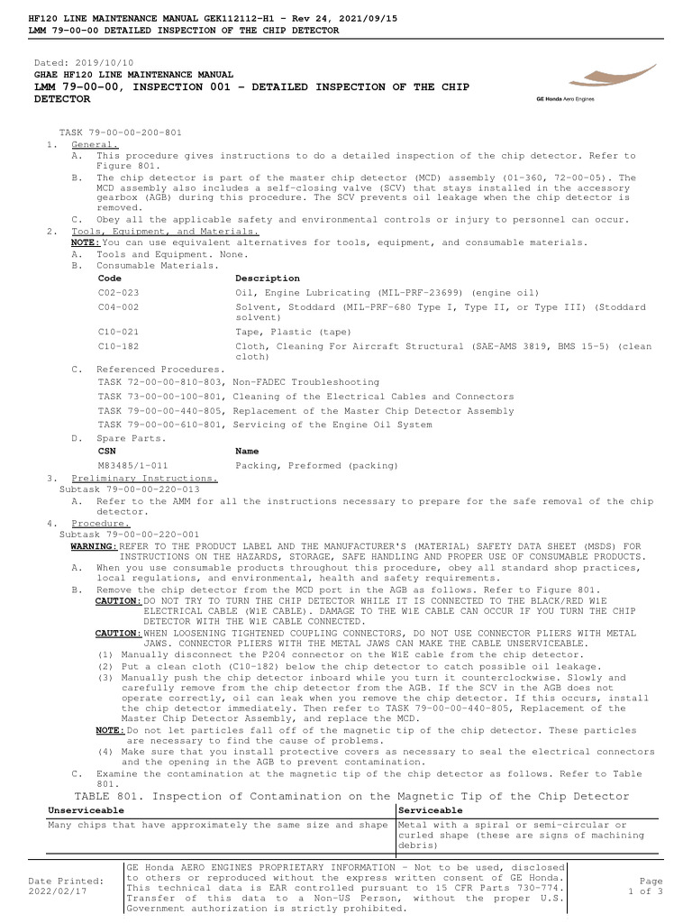 TASK 79-00-00-200-801, Detailed Inspection of The Chip Detector ...