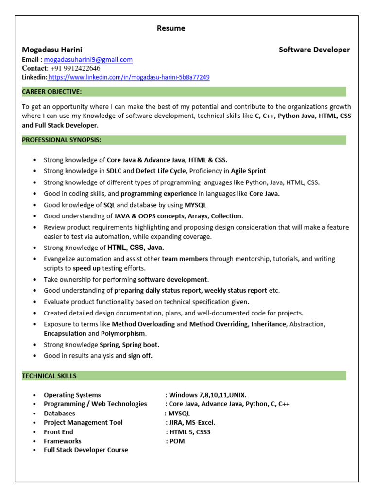 Mogadasu Harini Fresher1 Resume | PDF | C++ | Computer Programming