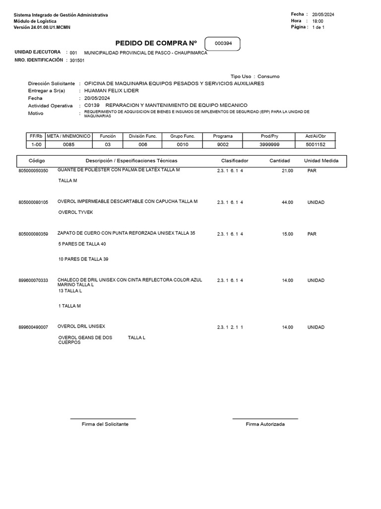 Pedido de Siga Implementos de Seguridad Epp | PDF