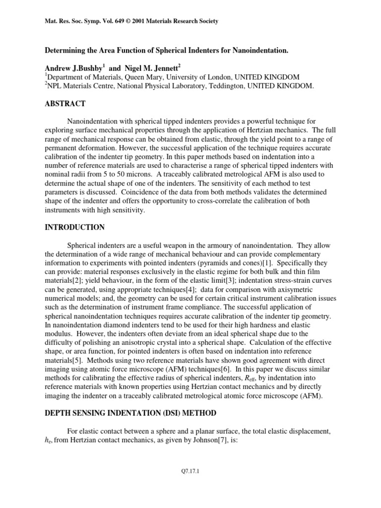 Determining the Area Function of Spherical Indenters for Nanoindentation. | PDF | Applied And ...