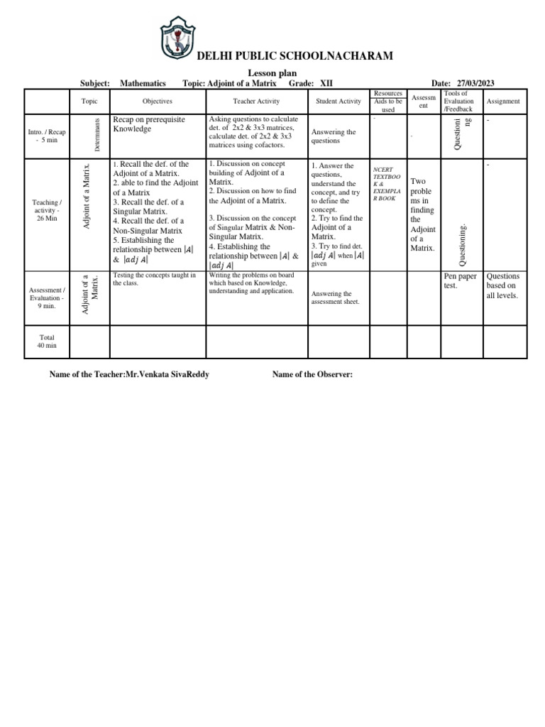 Lesson Plan Adjoint of Matrices | PDF | Matrix (Mathematics) | Abstract ...