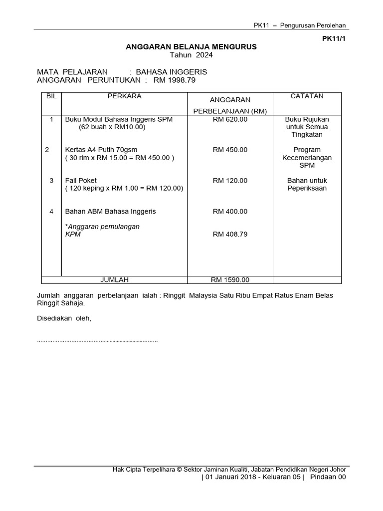 Anggaran Perbelanjaan Mengurus Panitia BI 2024 | PDF