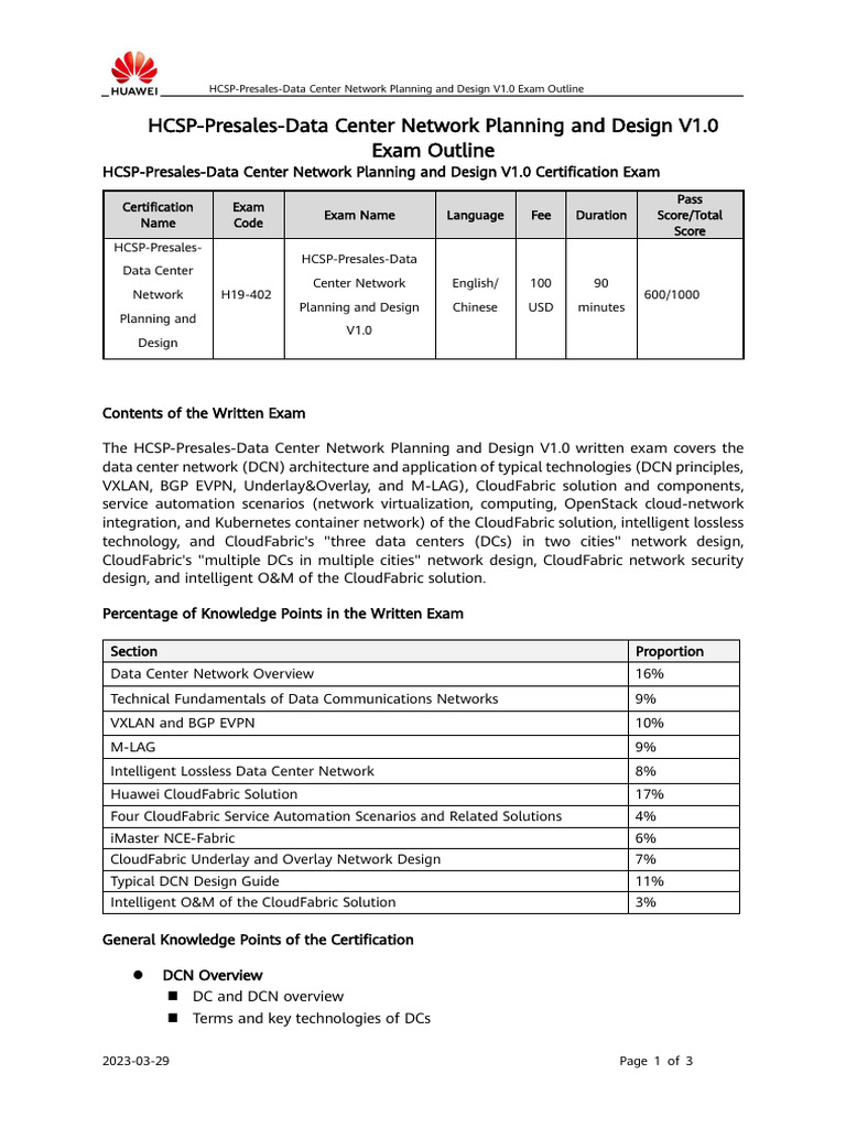 HCSP-Presales-Data Center Network Planning and Design V1.0 Exam Outline ...