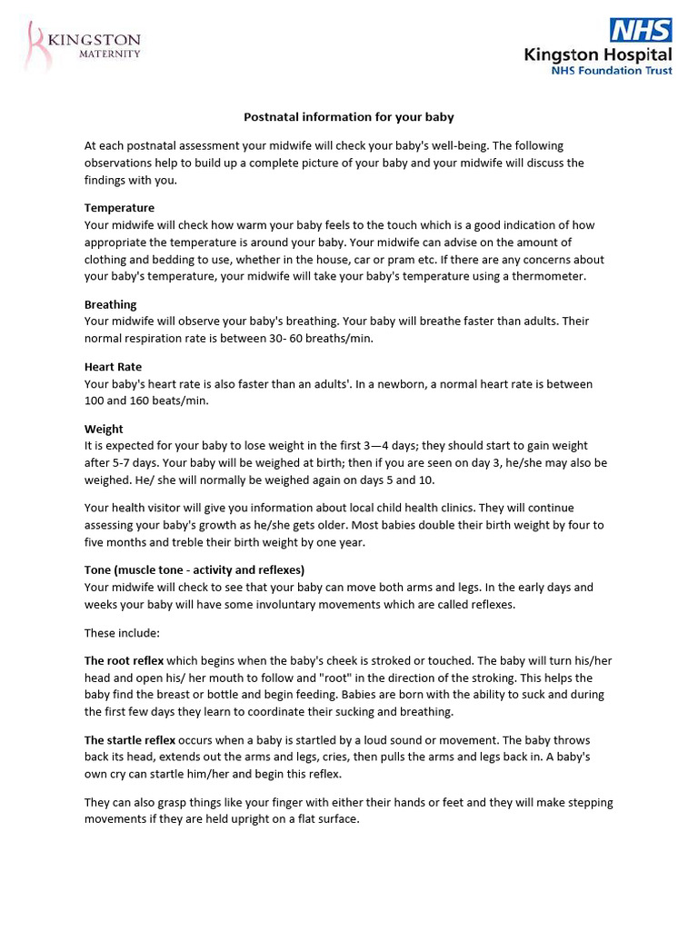 Postnatal Information For Your Baby | PDF | Midwifery | Infants