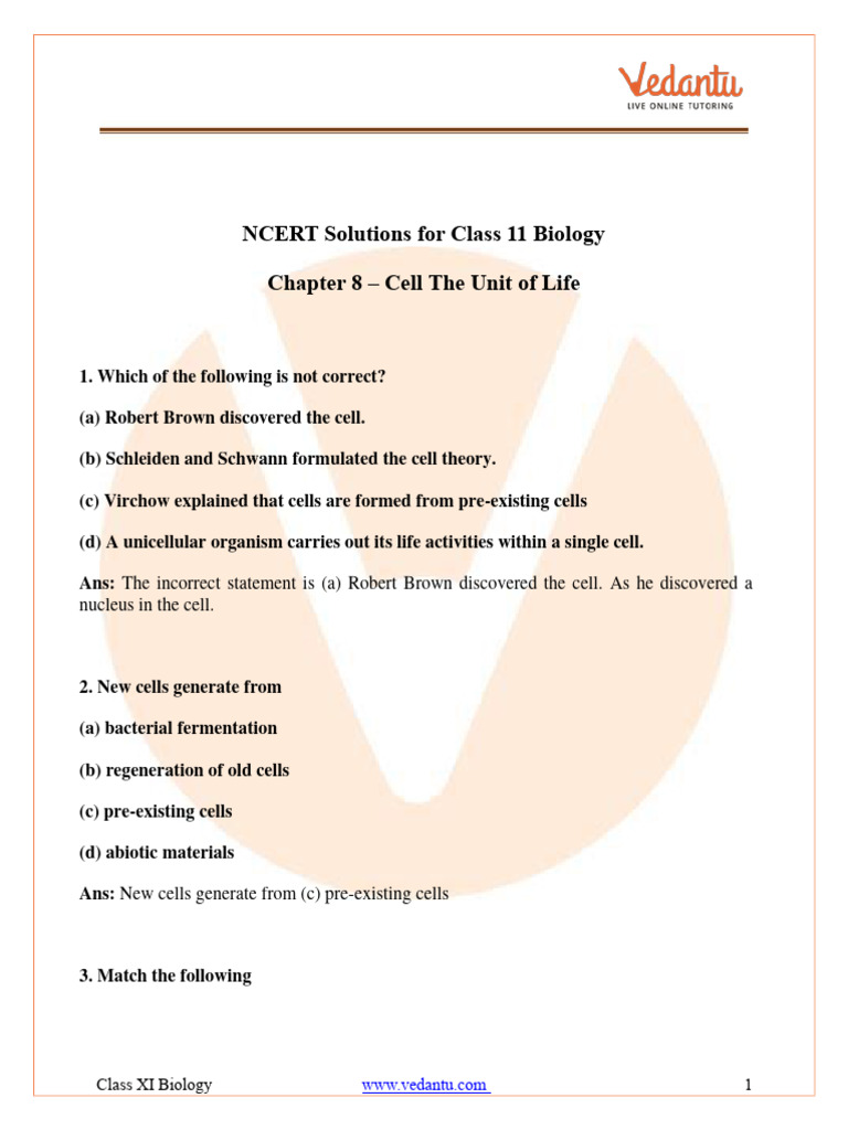 NCERT Solutions Class 11 Biology Chapter 8 Cell The Unit of Life PDF ...