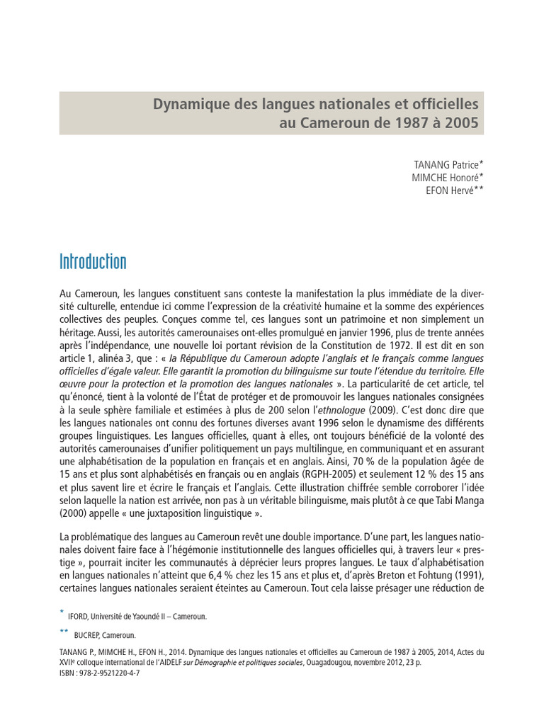 Dynamique des langues au Cameroun 1987-2005 | PDF | Cameroun | Langue ...