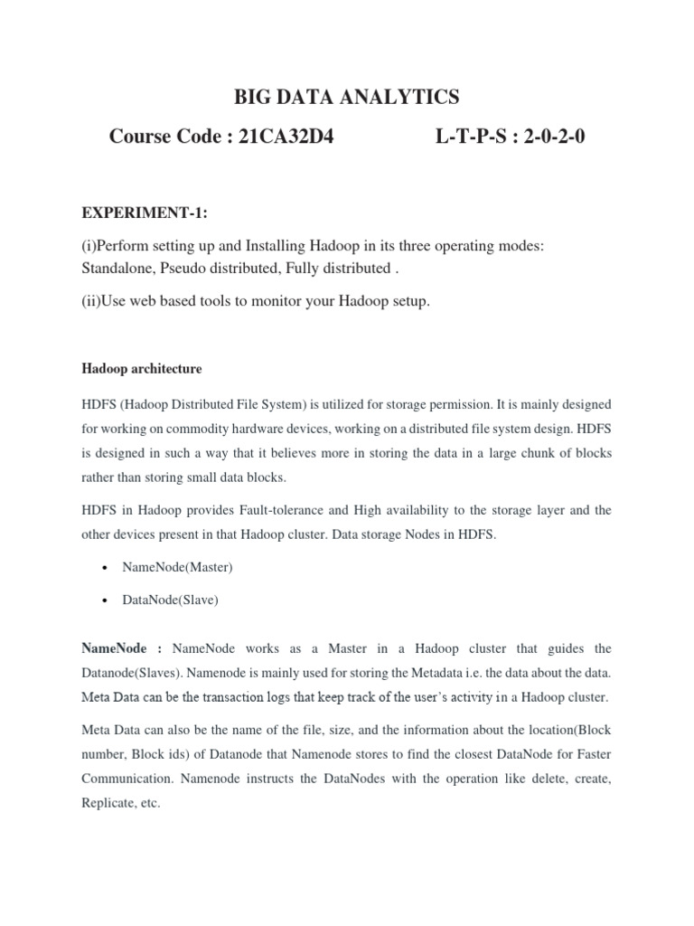 Big Data Analytics Lab Experiments Pdf Apache Hadoop Computer File