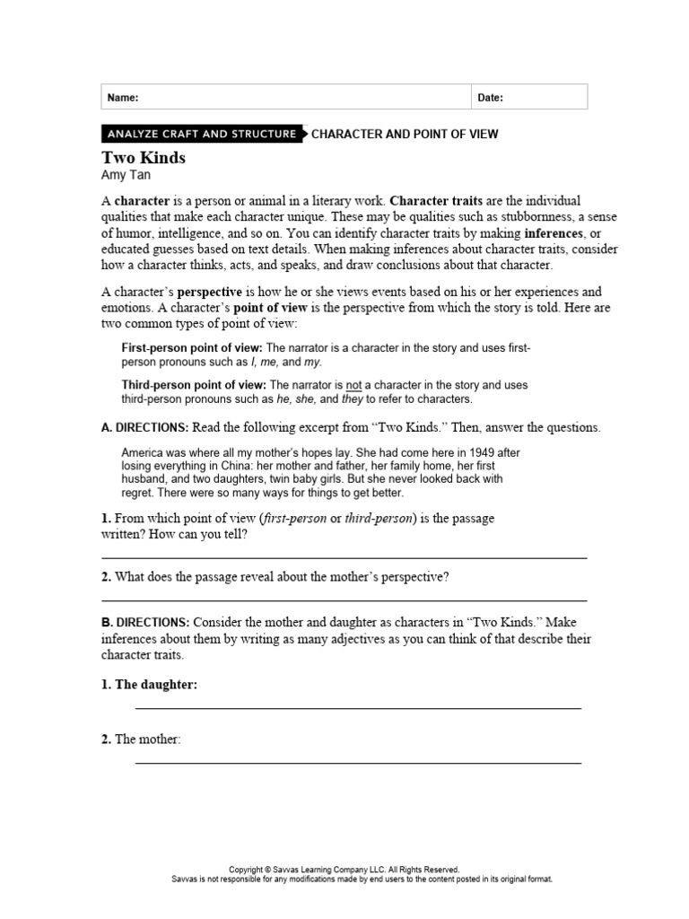 Character Traits and Perspectives in "Two Kinds" | PDF