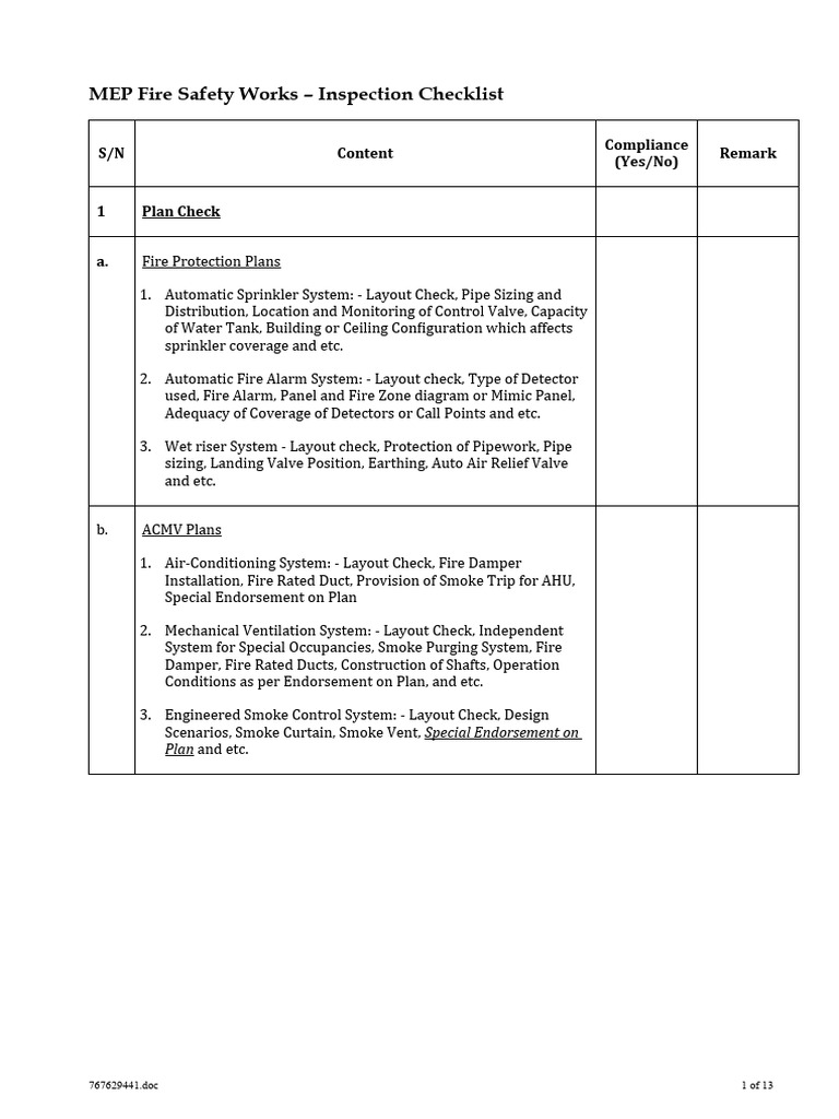 MEP Fire Safety Works - Inspection Checklist@240625 | Download Free PDF ...