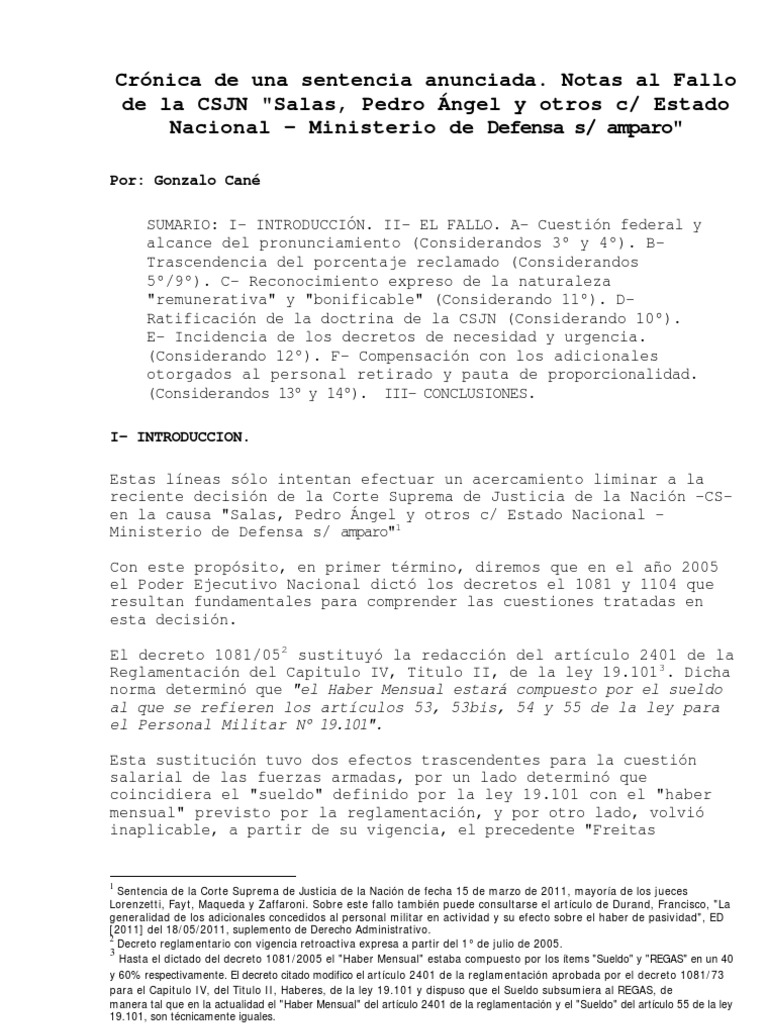Notas Al Fallo Salas - DR Gonzalo Cane | PDF | Salario | Constitución