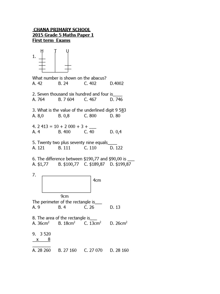 Grade 5 Maths Exam Paper 2015 | PDF | Mathematical Notation | Division ...