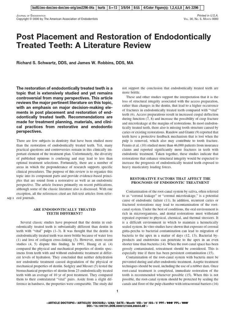 Schwarts Post Placement and Restoration of Endodontically Treated Teeth ...