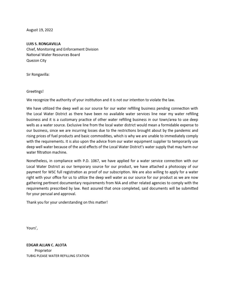 Letter Reply To NWRB | PDF | Home & Garden