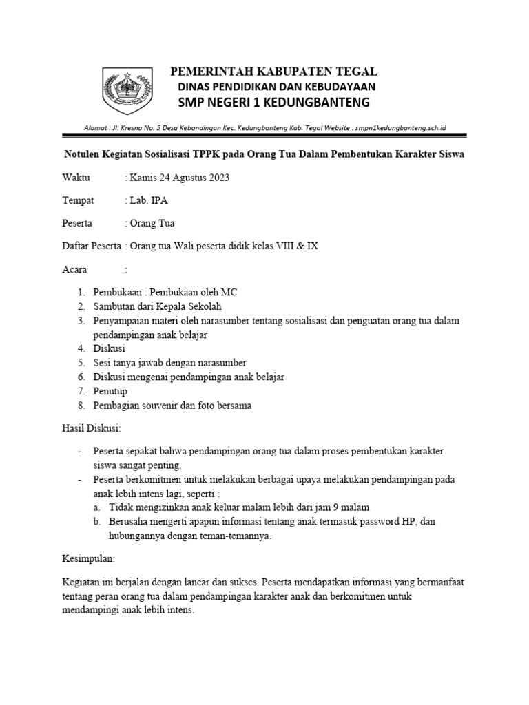 Notulen Kegiatan Sosialisasi TPPK Pada Orang Tua | PDF