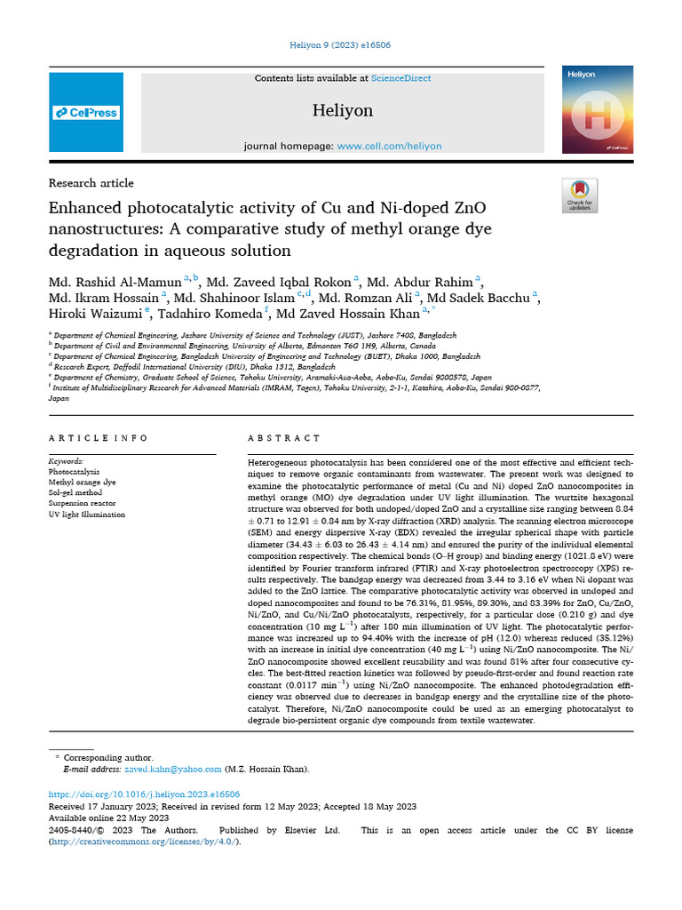 2023-Enhanced Photocatalytic Activity of Cu and Ni-Doped ZnO | PDF | Zinc Oxide | X Ray ...