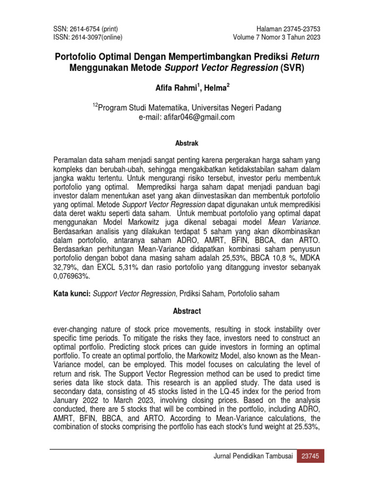 Portofolio Optimal Dengan Mempertimbangkan Prediksi Return Menggunakan Metode Support Vector ...