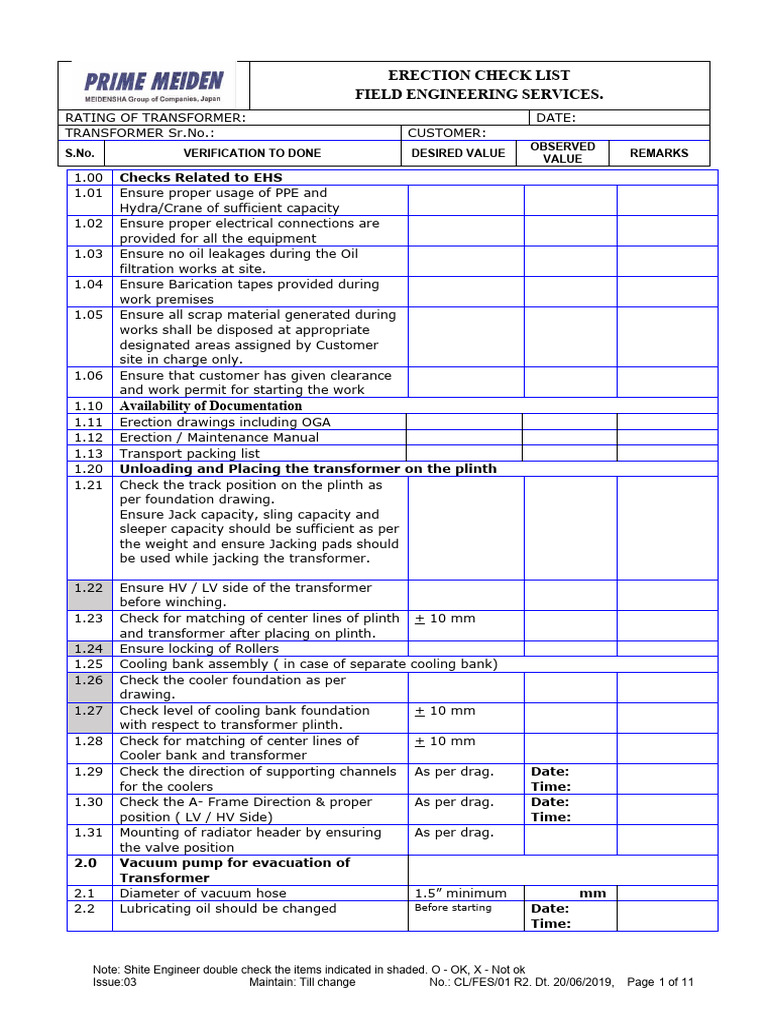 1-FES Erection Check List | PDF | Transformer | Pump