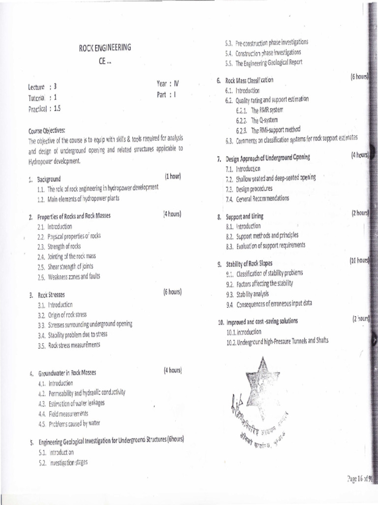 Rock Engineering - Syllabus - TU | PDF