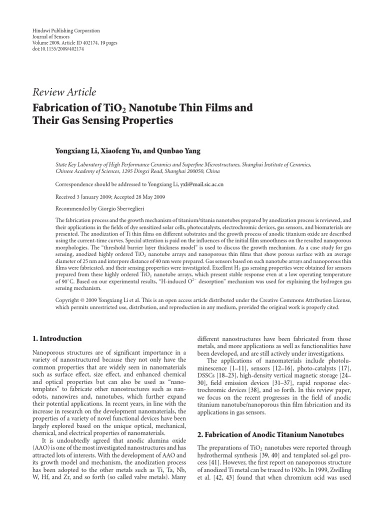 2009 Fabrication Of Tio2 Nanotube Thin Films And Pdf Titanium Dioxide Nanomaterials