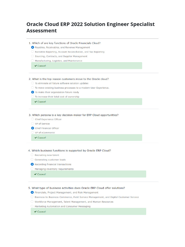 Oracle Cloud Erp 2022 Solution Engineer Specialist Assessment Pdf