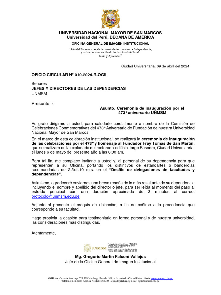 OFICIO CIRCULAR N 010-2024-R-OGII-Ceremonia de Inauguración Por El 473 ...