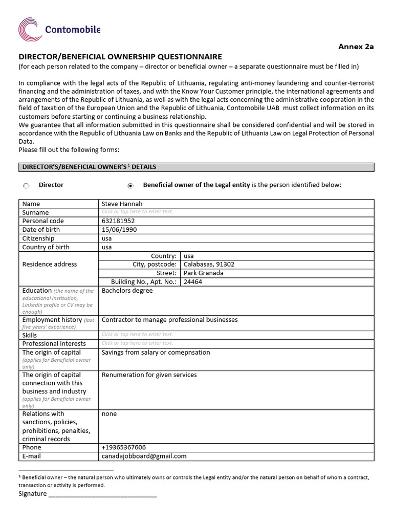 Annex 2a DIRECTOR - BENEFICIAL OWNER - QUESTIONNAIRE | PDF | Taxpayer ...