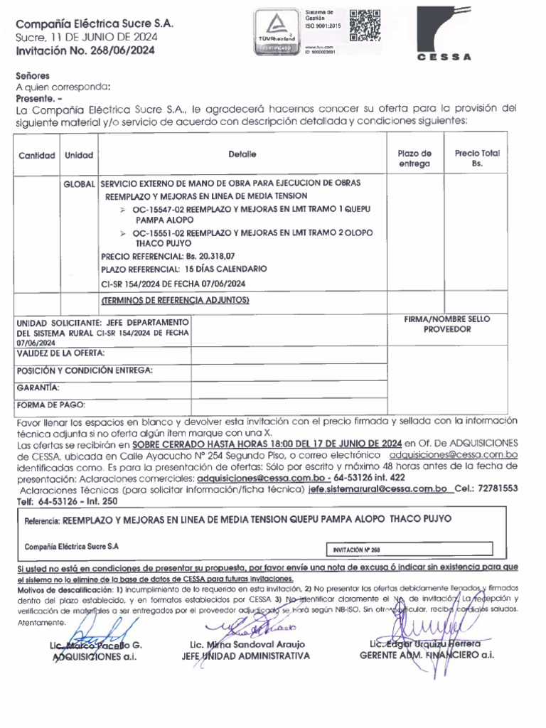 Invitacion 268-06-2024 - Semo - Reemplazo y Mejoras LMT Tramo 1 Quepu ...