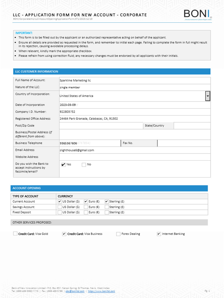 BONI-Corp Alc-LLC-AppForm-ST1-EDTf | PDF | Banks | Deposit Account