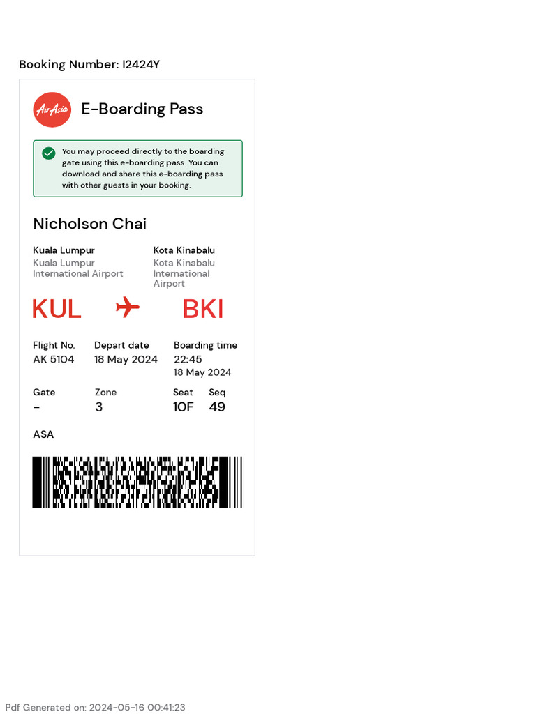 BoardingPass I2424Y Nicholson 1301490439 (KUL-BKI) 1715791320528 | PDF