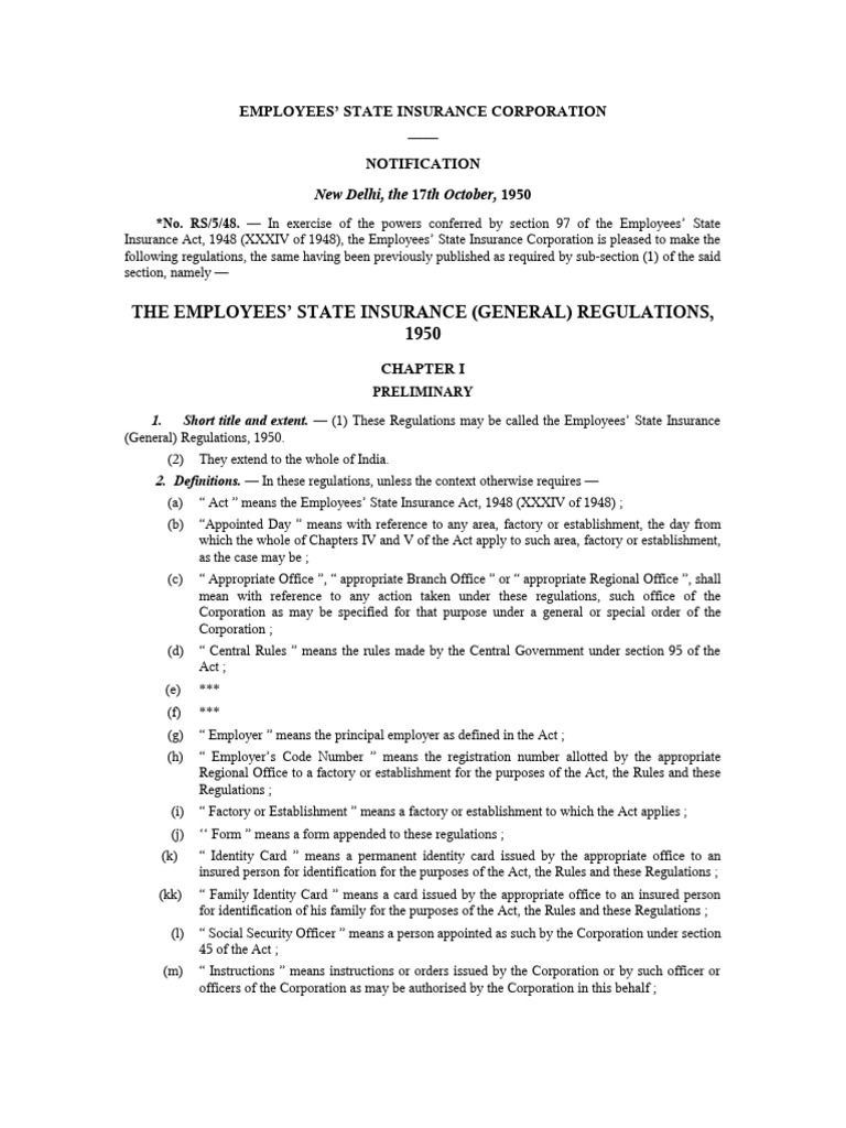Employees' State Insurance Regulations 1950 | PDF | Employment ...