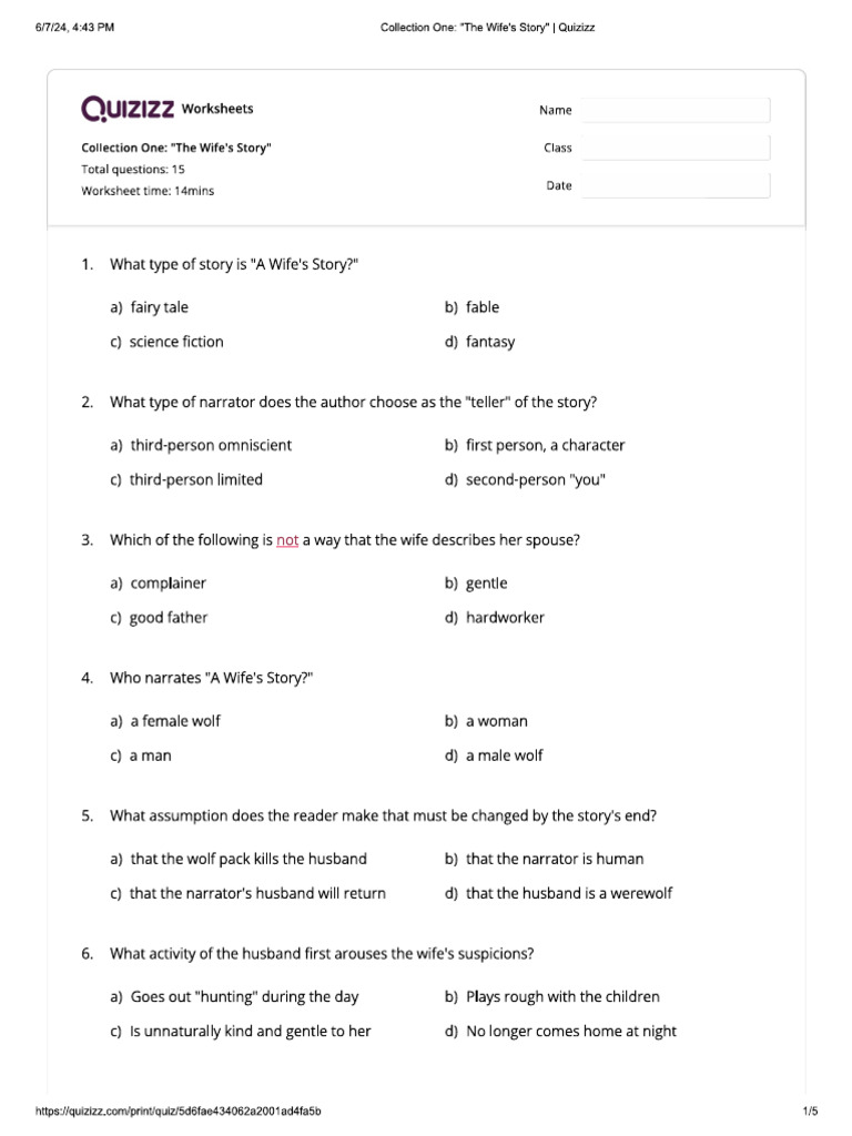 g8 - Wife's Story Quiz | PDF