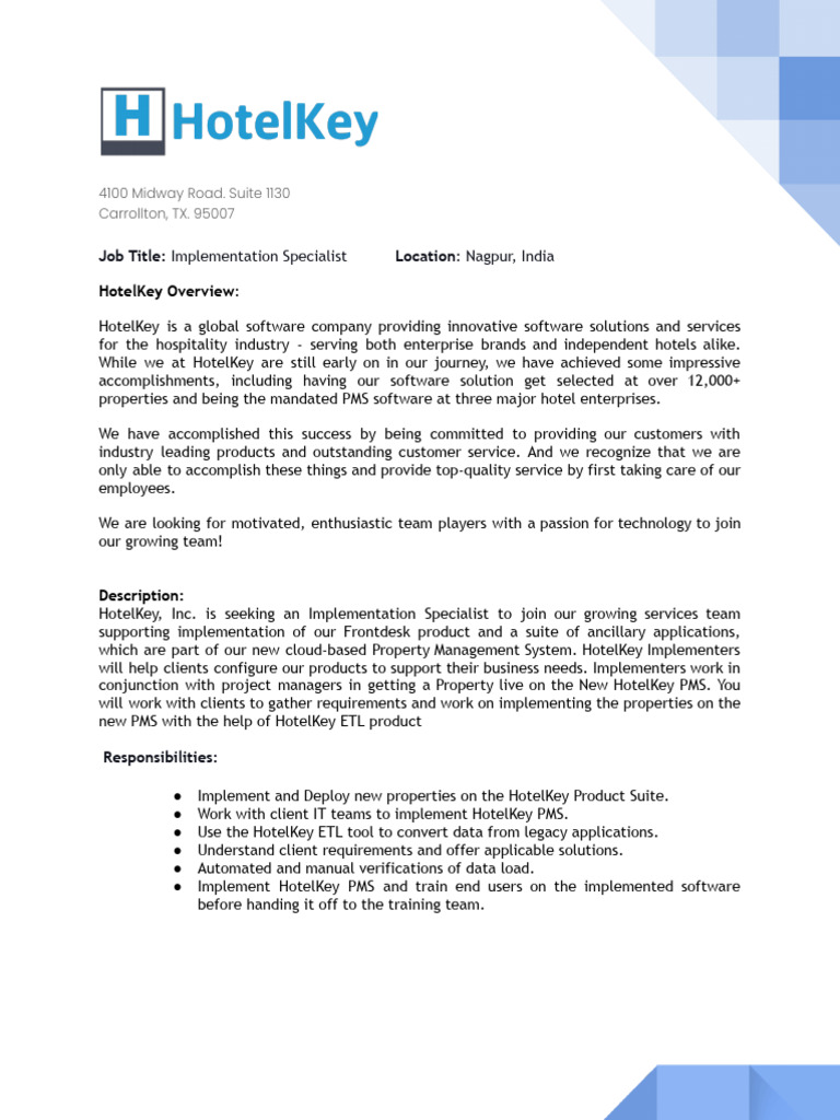 HotelKey - Implementation Specialist - Job Description | PDF | Business