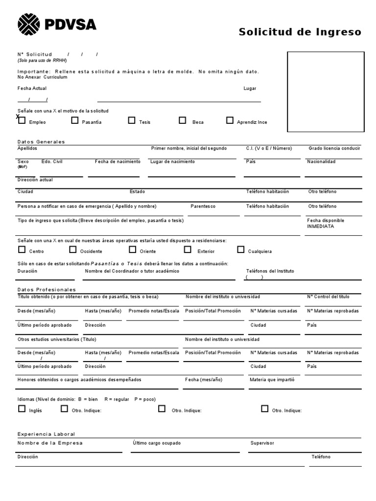 Planilla Solicitud de Ingreso Formato