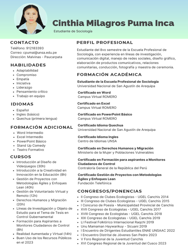 CV. Documentado/Puma Inca Cinthia Milagros/PDF/Perú | PDF