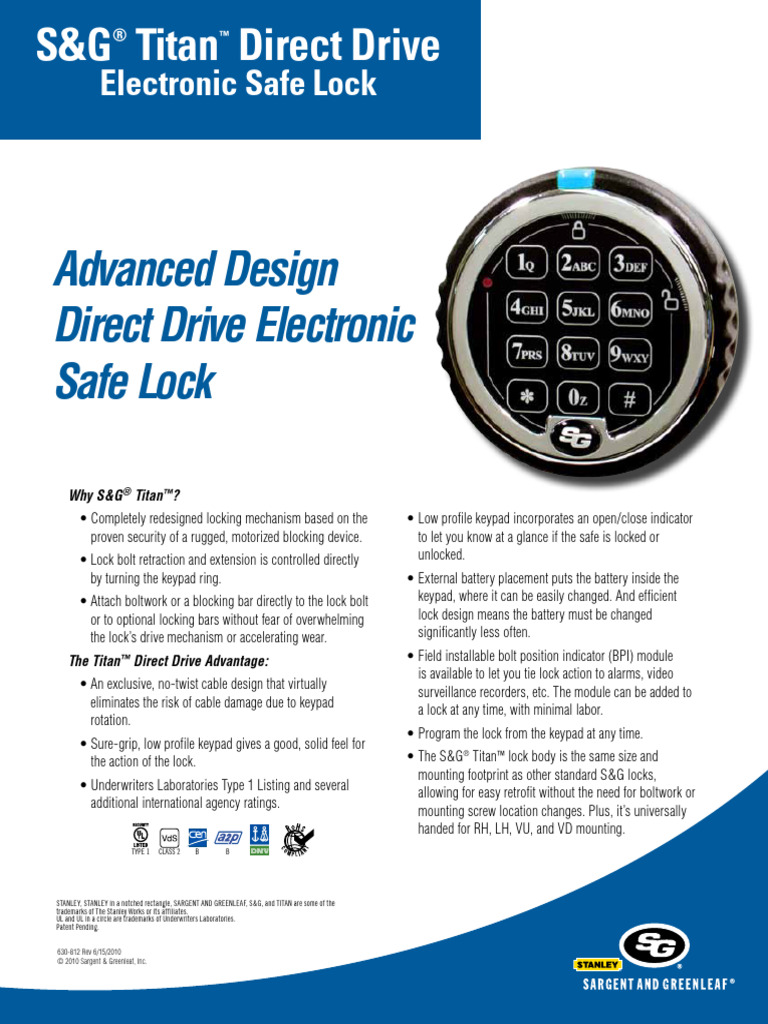 Sargent Greenleaf Titan Direct Drive Electronic Safe Lock | PDF ...