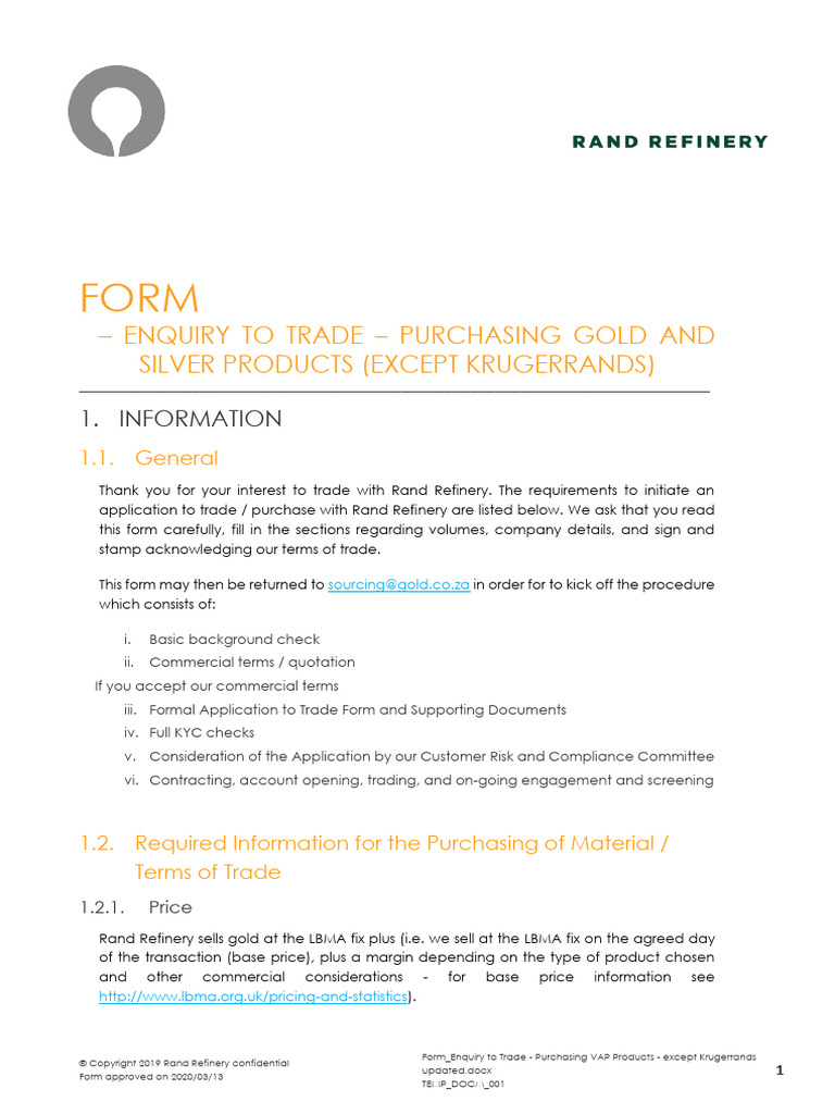 Form Enquiry To Trade Purchasing VAP Products Except Krugerrands ...