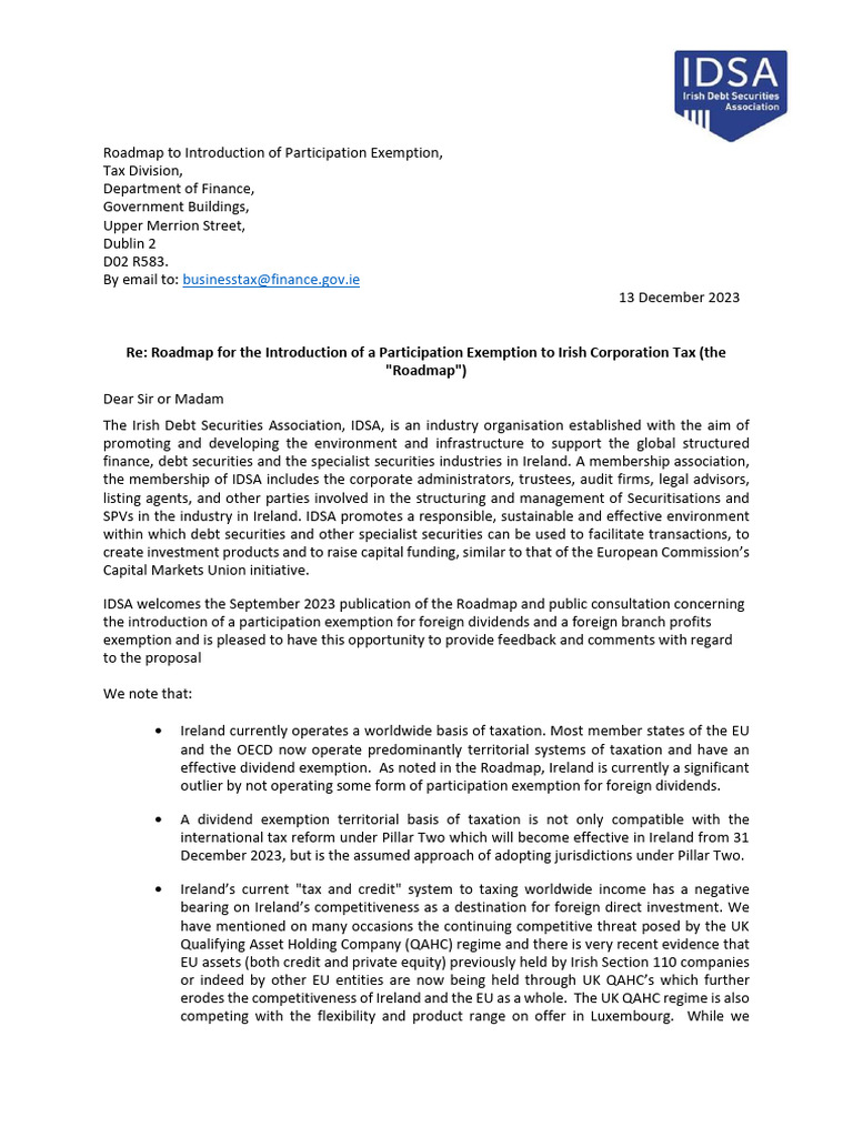 Participation Exemption Roadmap for Ireland | PDF | Taxes | Tax Exemption
