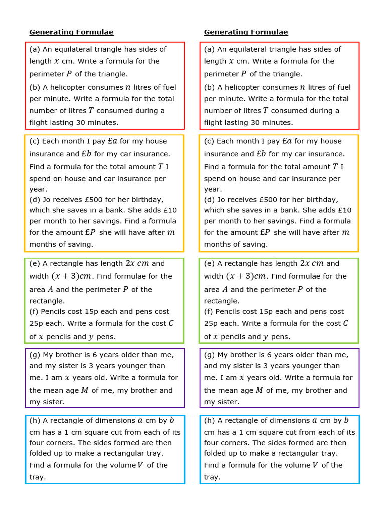 Generating Formulae Practice Strips | PDF | Area | Length