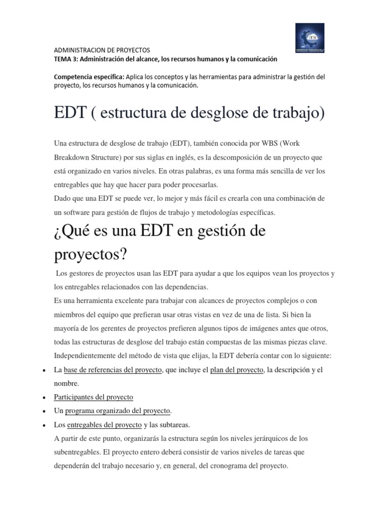 EDT (Estructura de Desglose de Trabajo) : ¿Qué Es Una EDT en Gestión de Proyectos? | PDF ...