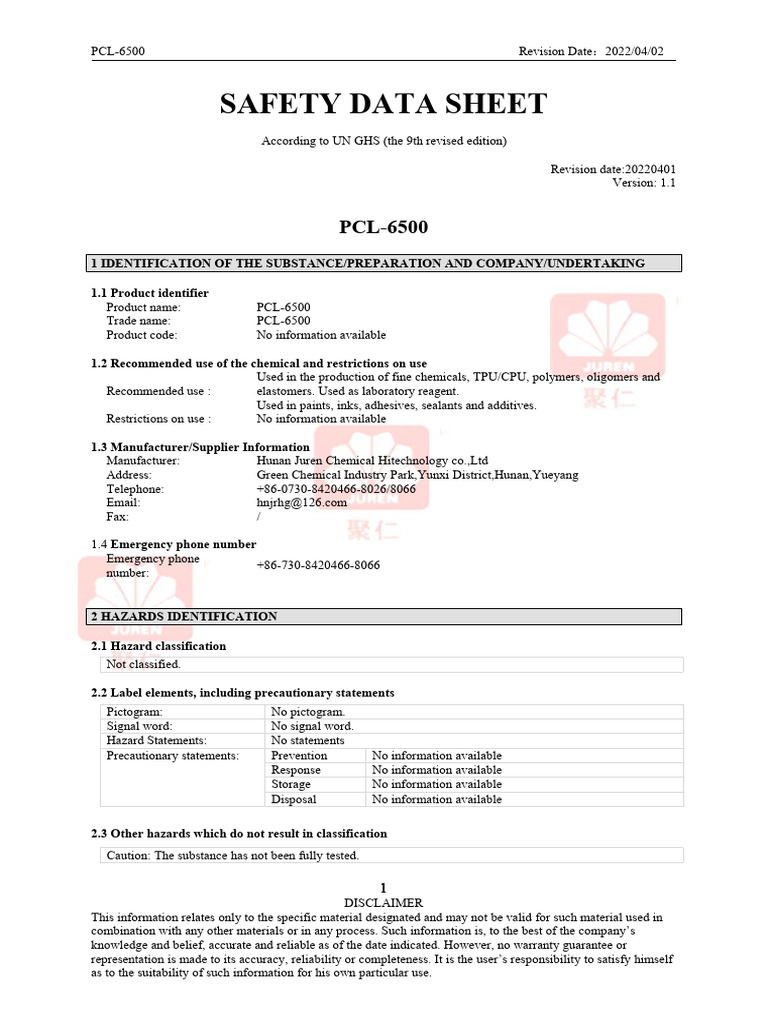 PCL-6500 Safety Data Sheet | PDF | Dangerous Goods | Toxicity